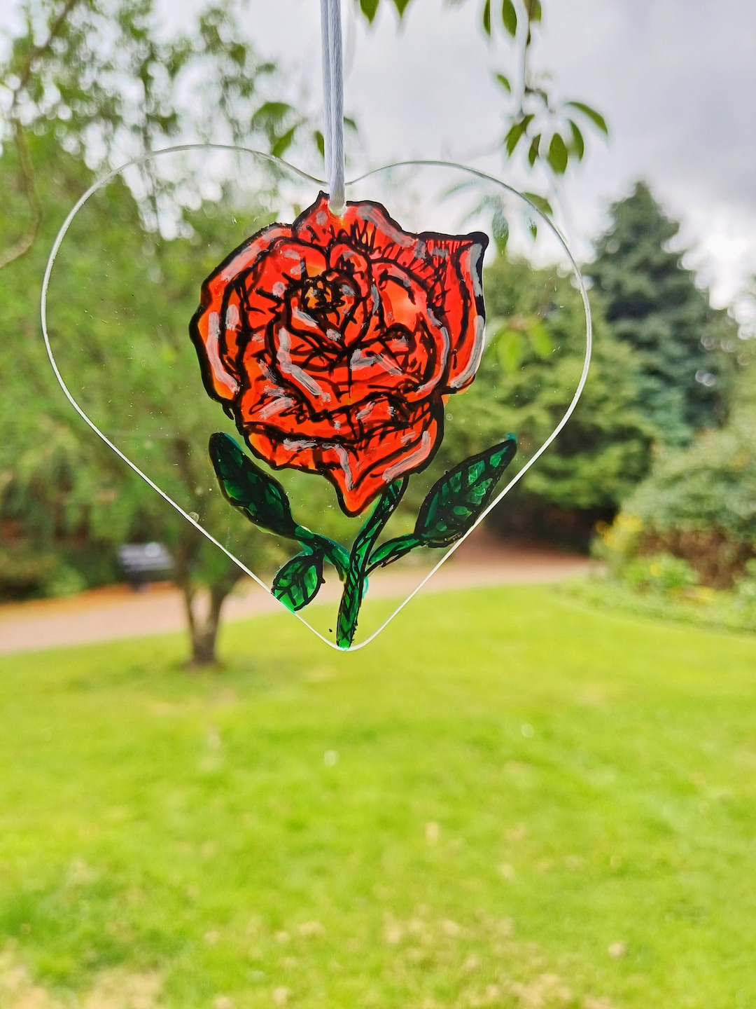 Red Rose Sun Catcher, Hand Painted Glass, Valentines Gift, Anniversary ...