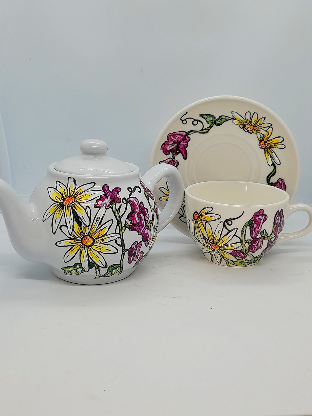 April Birth Flowers Hand Painted Tea Set for One, Daisies and Sweet ...