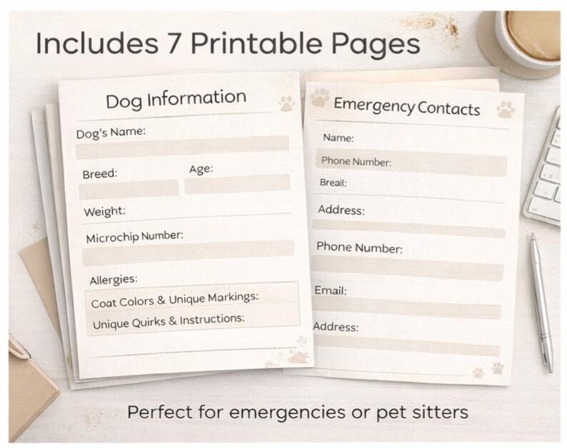 Emergency Dog Care Planner Printable Pet Emergency Info Sheet Dog ...