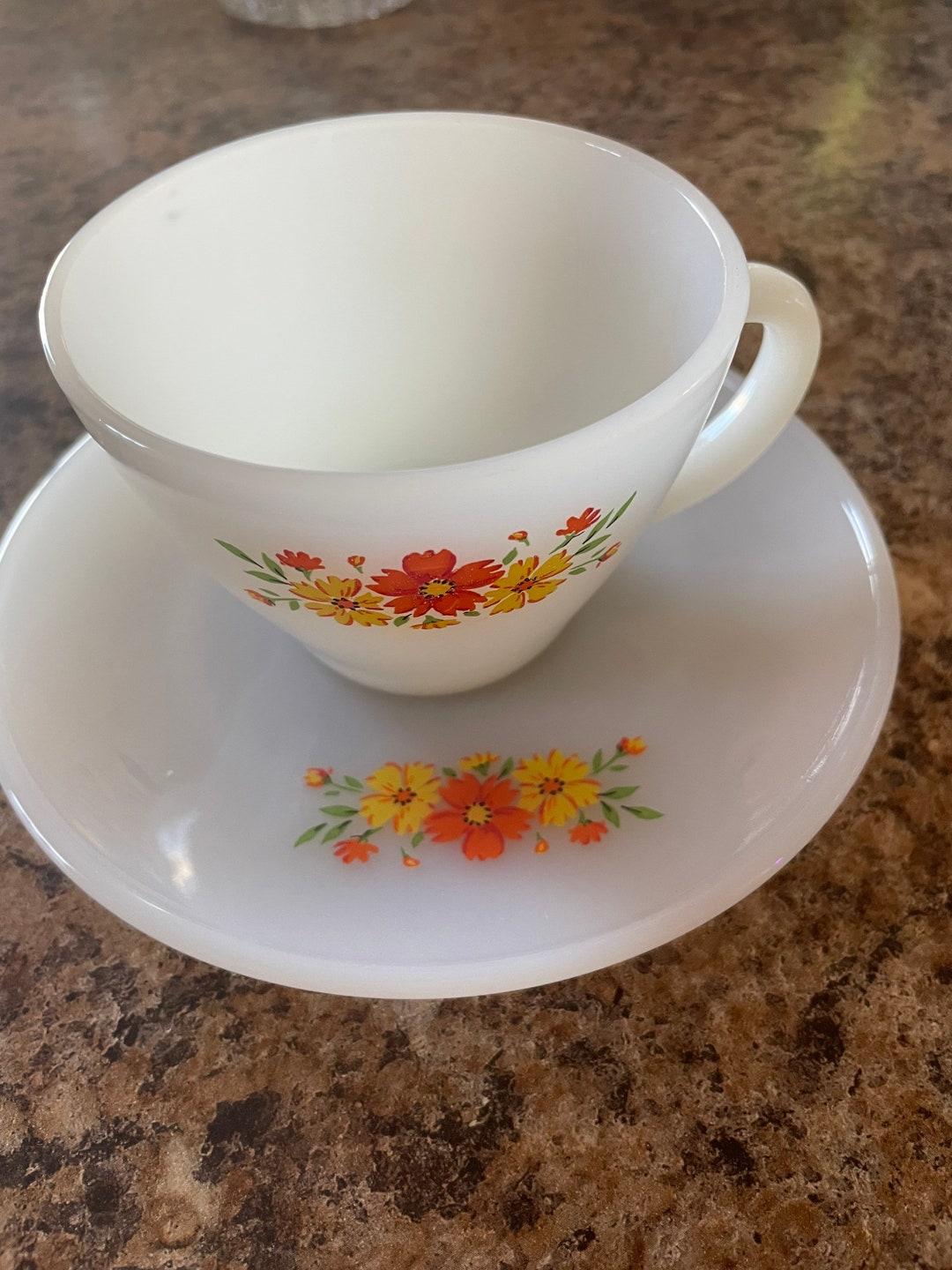 Vintage Anchor Hocking Fire King Cup & Saucer With Yellow N Orange ...