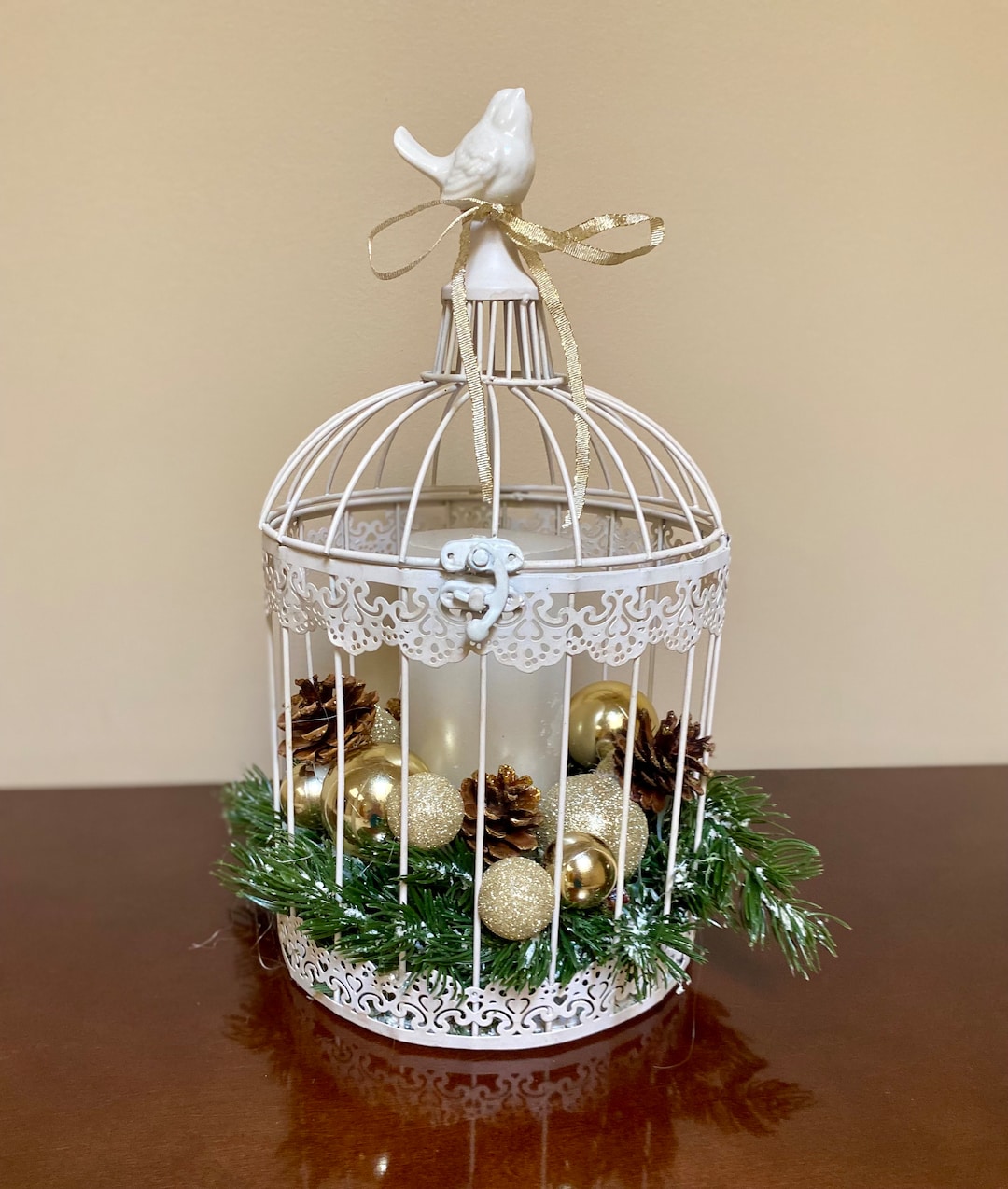 Sparkle Christmas Bird Cage With Frosted Pine & Lovely Pearl Pillar ...