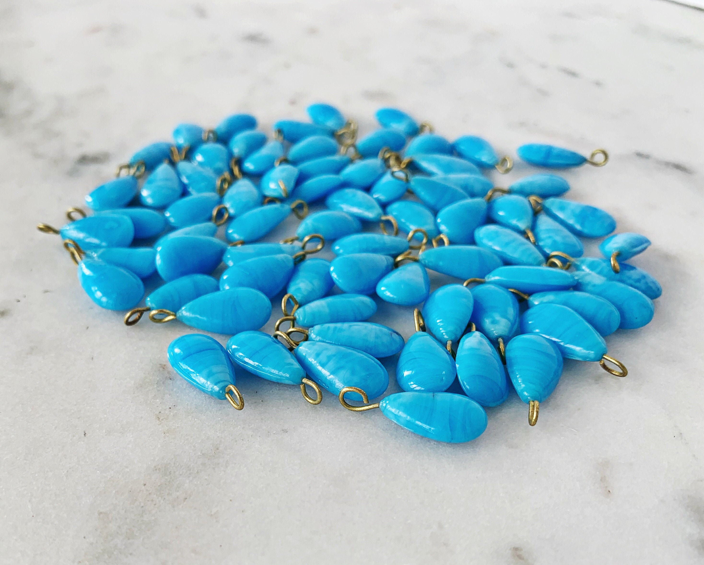 15mm BLUE GLASS CHARMS || Sky Blue Raindrop Pendant With Brass Loop - Etsy