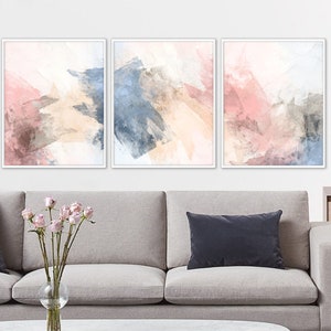 Blush Pink Decor, Blush Pink Blue Wall Art, 3 Poster Set, Bedroom ...