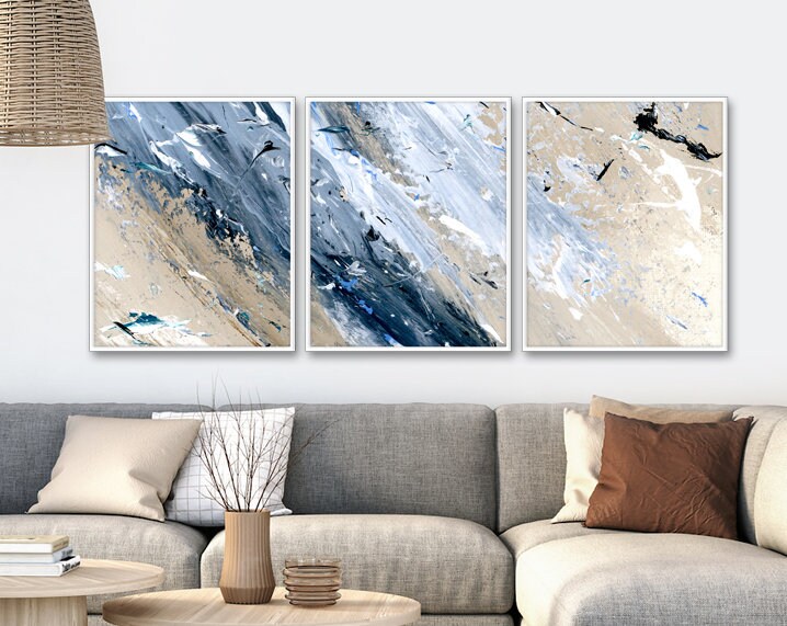 Living Room Poster Set Set of 3 Blue Art Set Blue Set of | Etsy