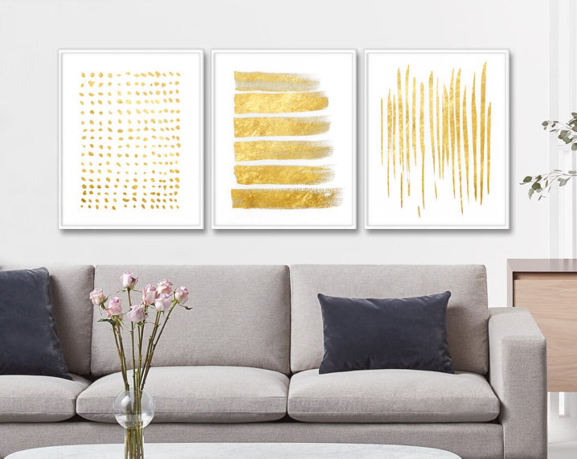 Gold Modern Art Set of 3 Gold Gold Art Stripes Wall Art | Etsy