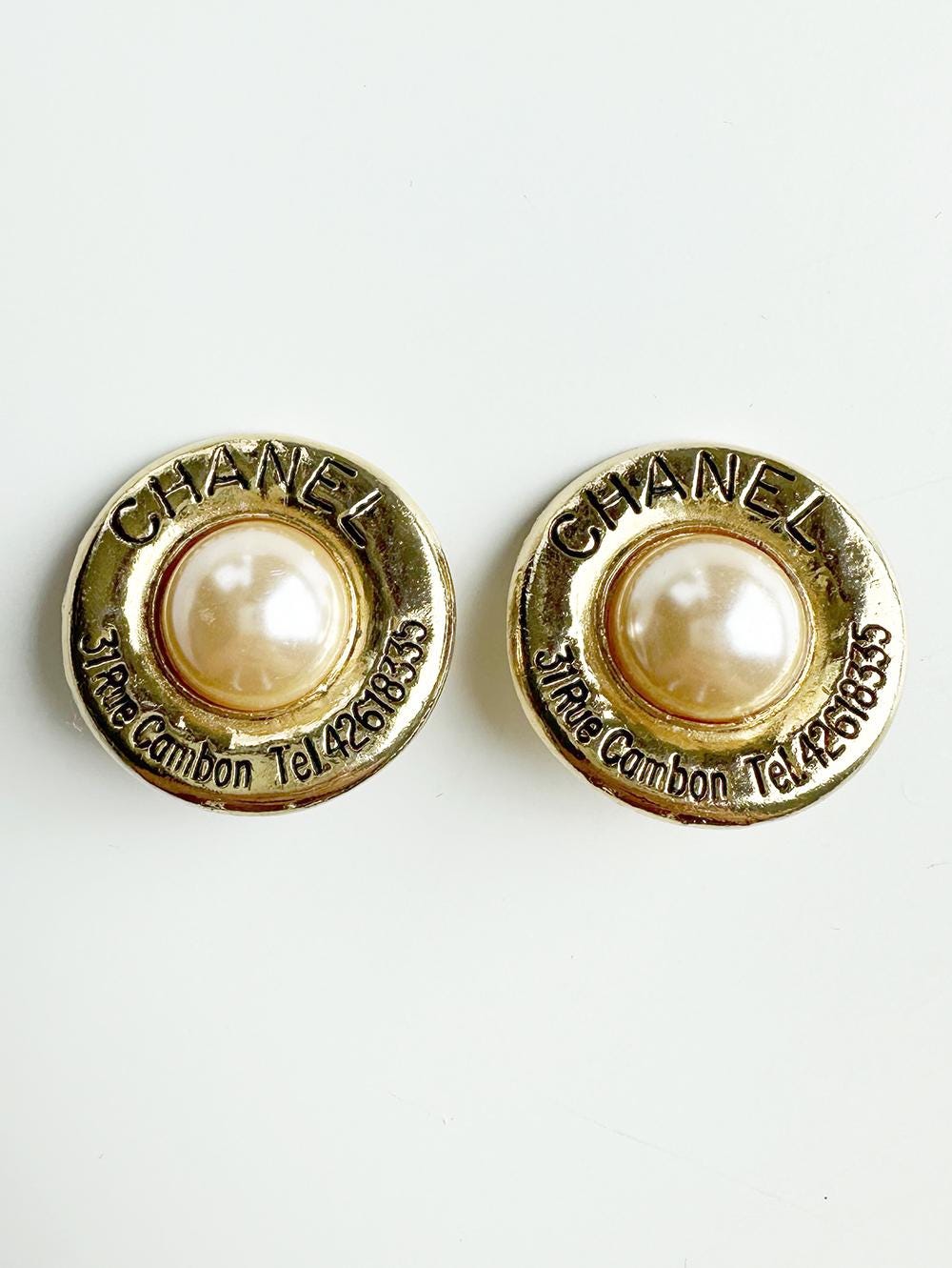 CHANEL Paris Vintage Goldplated Clip on Earrings With Faux CHANEL Paris Vintage Goldplated Clip on Earrings With Faux