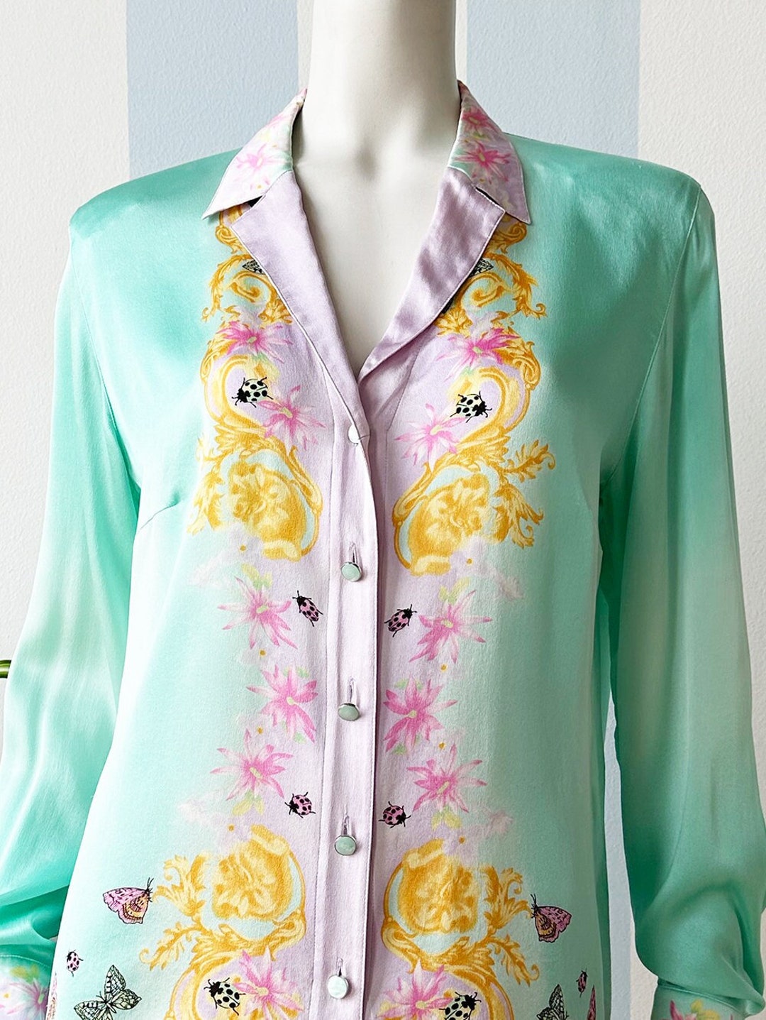 ESCADA VINTAGE Silk Blouse Shirt With Ladybugs and Butterflies in Minty ...