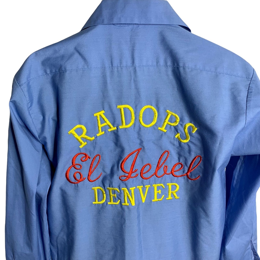 Vintage 70s Button up Uniform Shirt M Blue El Jebel Radio Embroidered ...