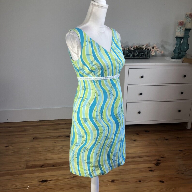 Vtg 90s Lilly Pulitzer 6 Makin Waves Green Turquoise Aline Cotton Fish ...