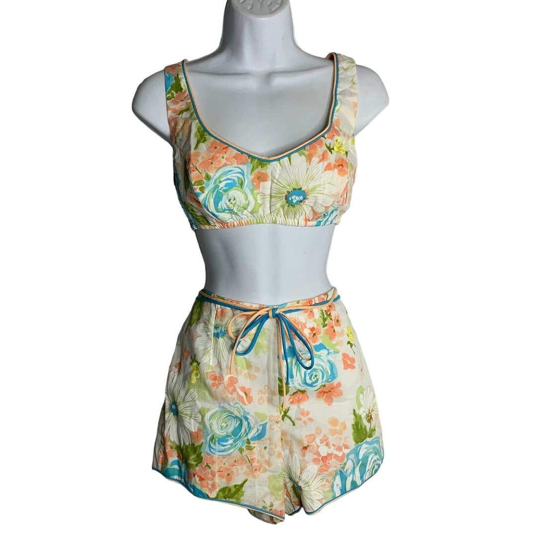 Vintage 60s Ceeb of Miami Swim Play Suit S White Floral 2 Pc Padded ...