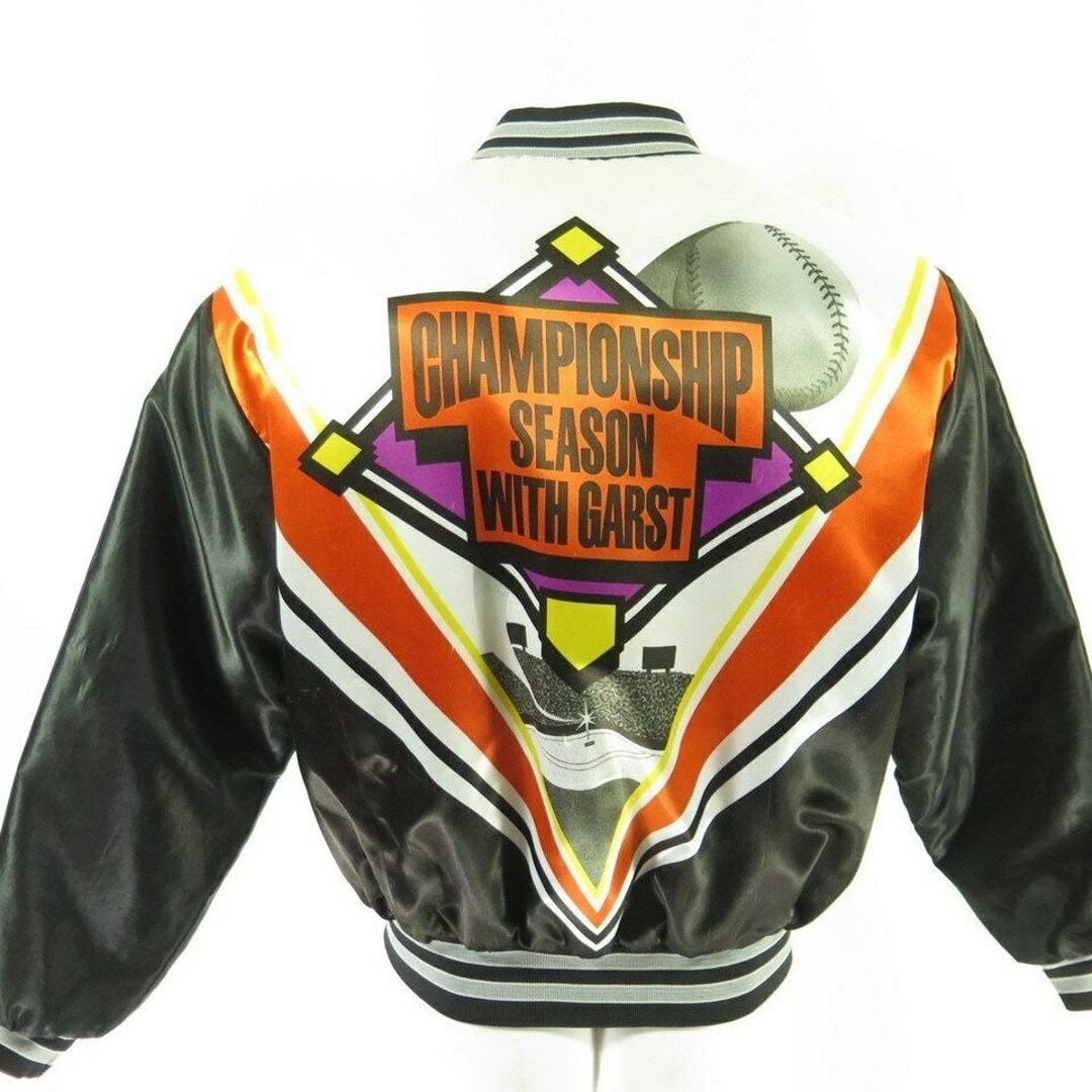 Vintage 80s Baseball Bomber Jacket L Grey Satin Garst Championship Snap ...