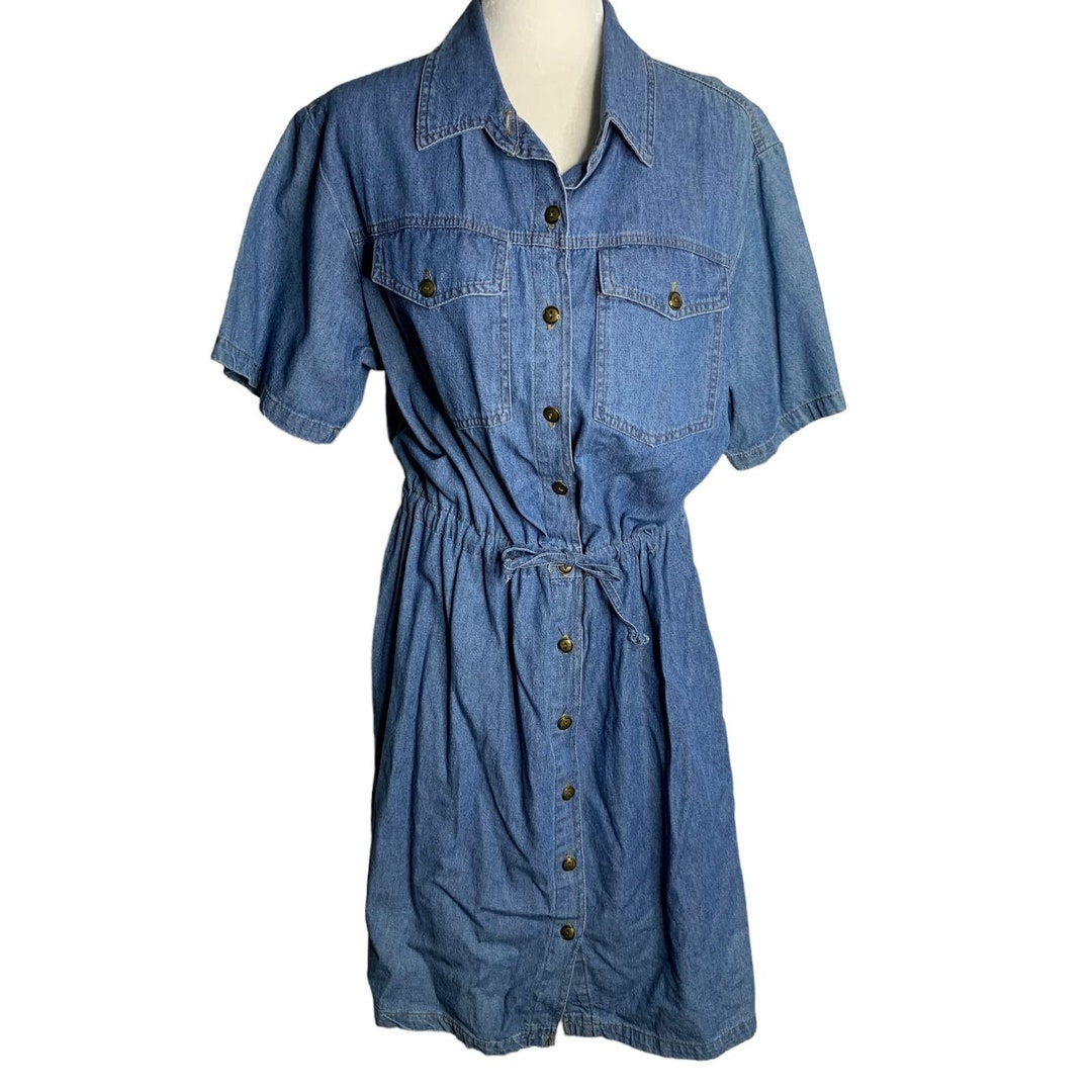 Vintage 80s Fredericks Hollywood Denim Shirt Dress L Blue Pockets ...