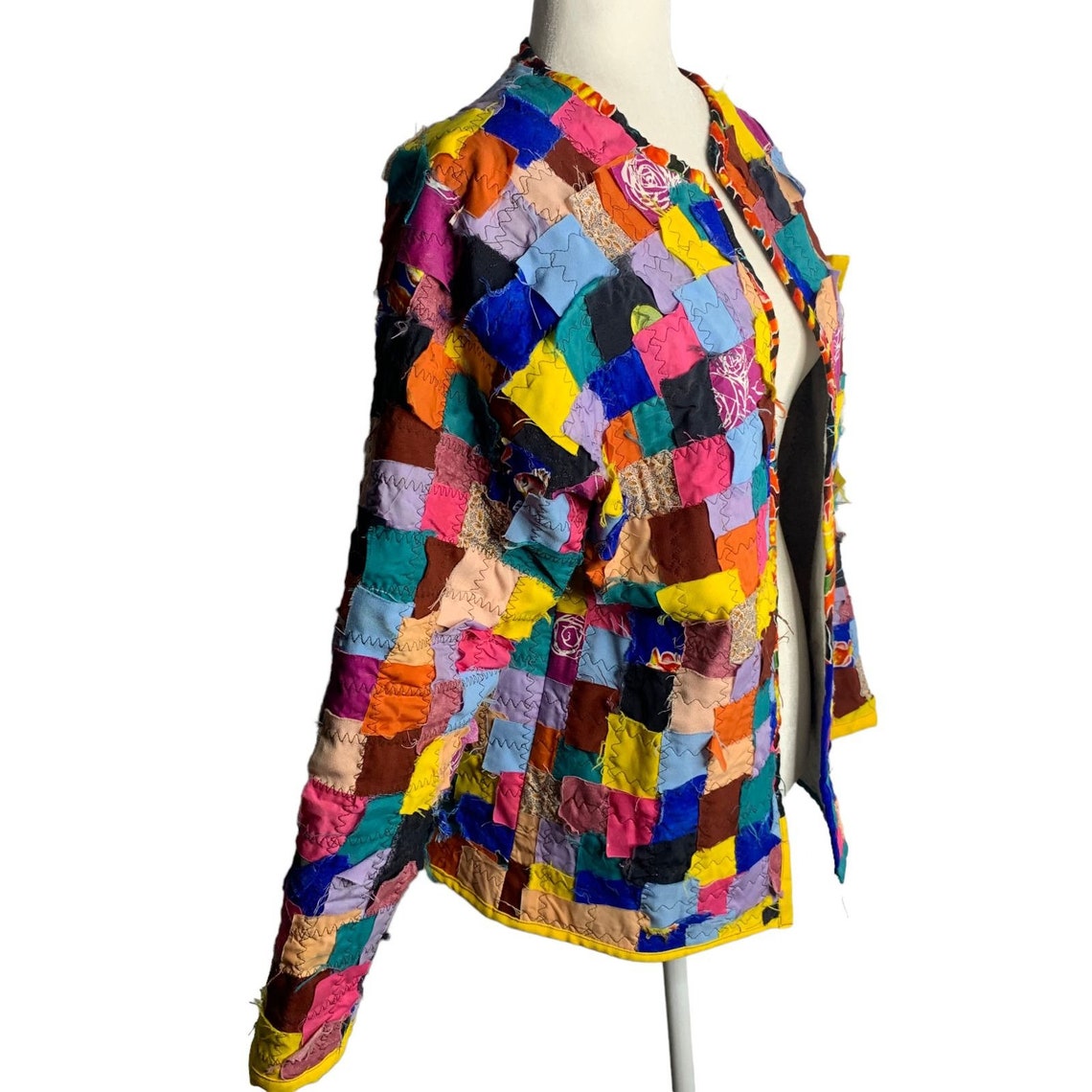 Vintage Quilted Granny Patchwork Jacket M Multicolored Fleece Open ...