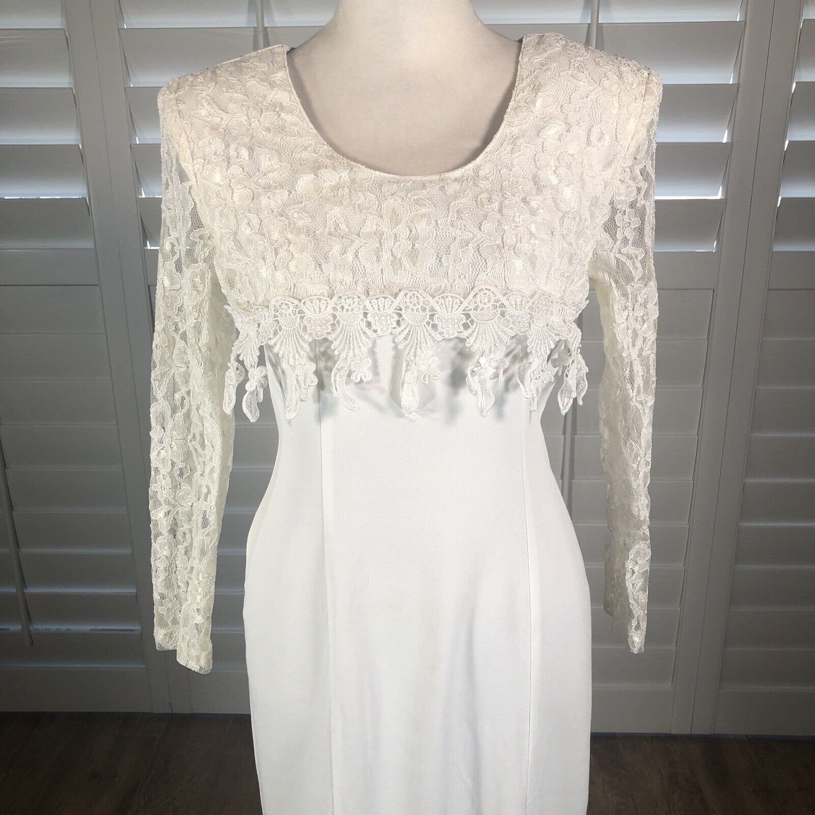 Vtg 80s Sheena Cream Ivory Sheath Dress 8 Lace Long Sleeves Romantic ...