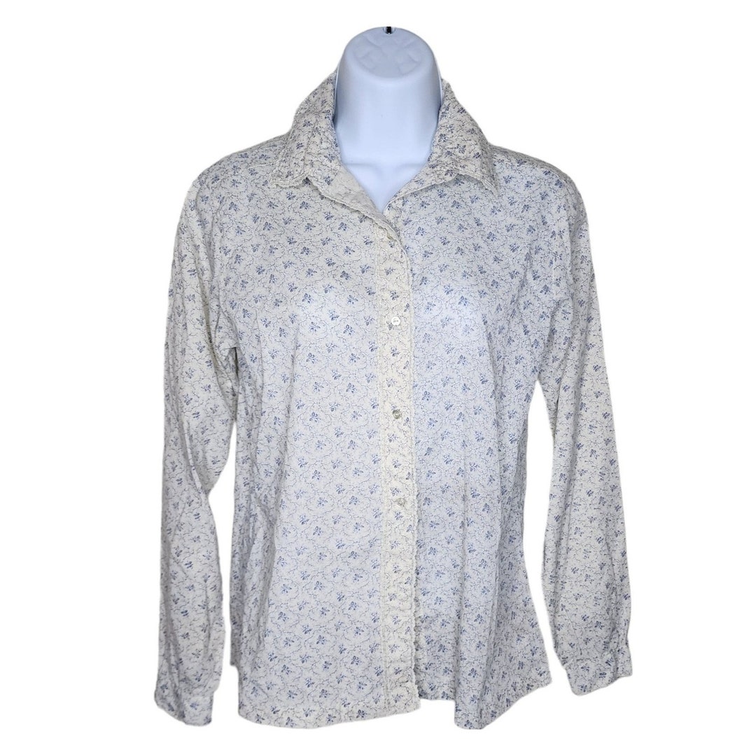 Vintage 80s Button up Blouse Womens Size M White Blue Country Floral ...