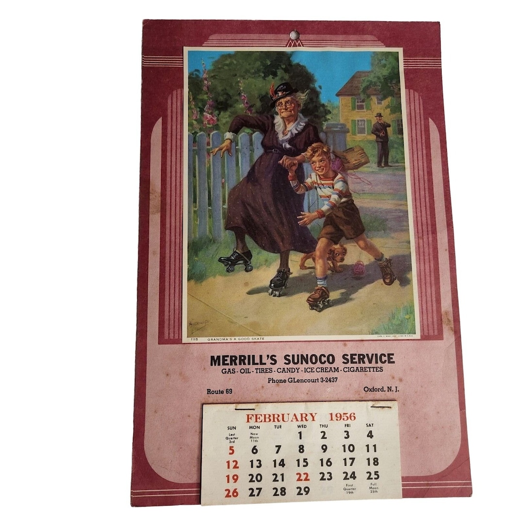 Vintage 50s Sunoco Wall Calendar Litho Grandmas A Good Skate 1956 - Etsy
