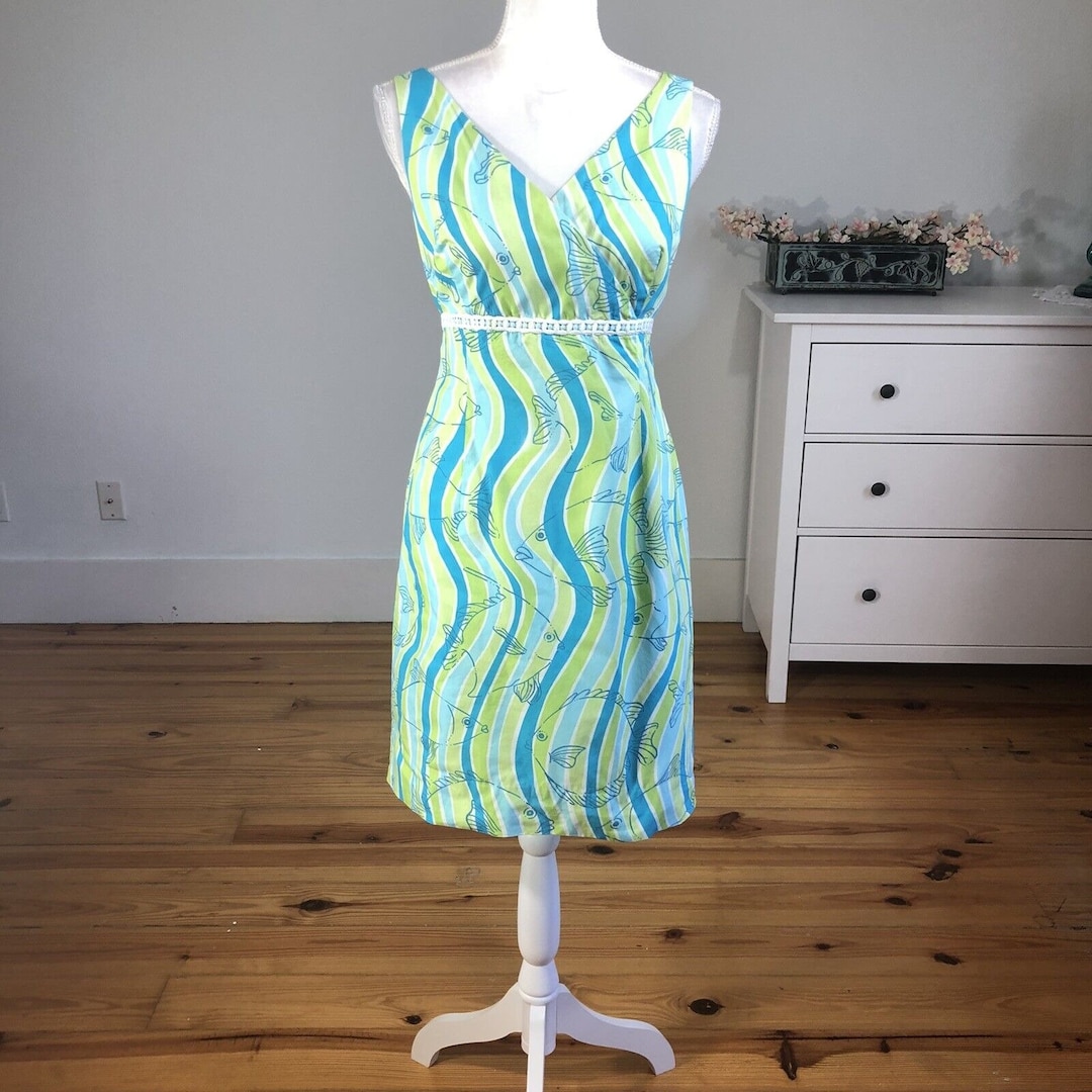 Vtg 90s Lilly Pulitzer 6 Makin Waves Green Turquoise Aline Cotton Fish ...