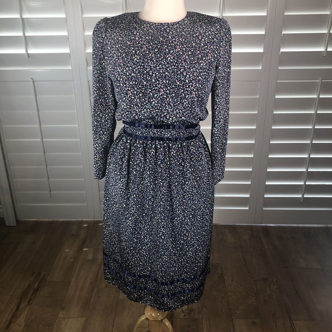 Vtg 80s Stuart Alan Petites Blue Floral Secretary Dress 14 Blouson ...
