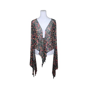 Vintage 1990s Floral Bell Sleeve Sheer Wrap Around Shrug Womens L Black ...