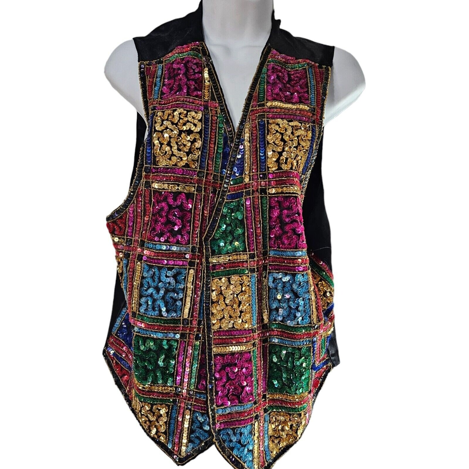 Vintage 90s Vest Womens Size Large Black Rainbow Sequins Sparkle Eras ...