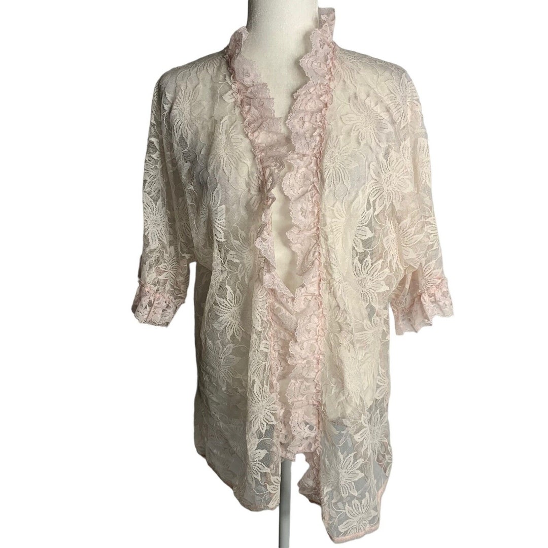 Vintage Floras Follies Lace Robe Bed Jacket S Pink Floral Open Front ...