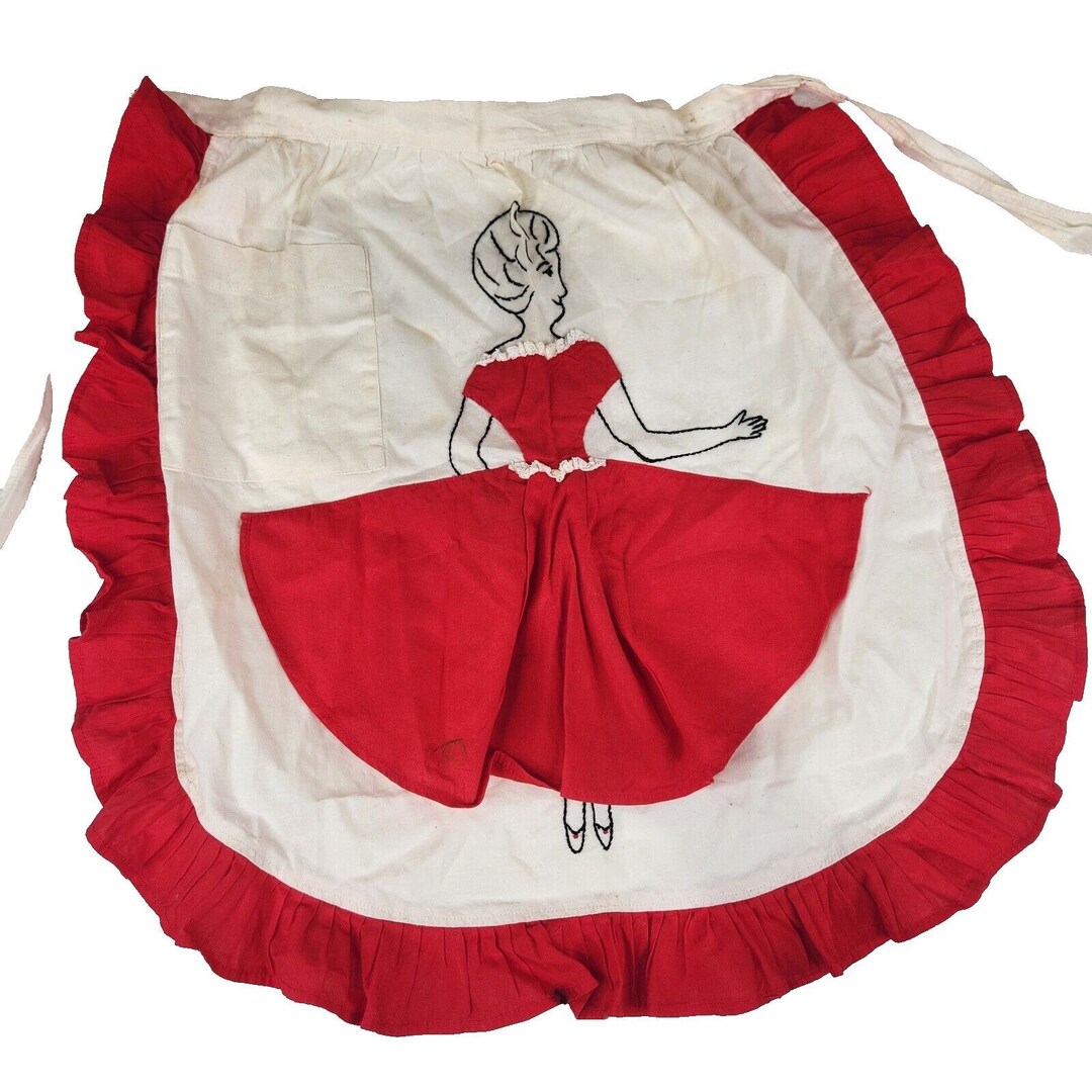 Vintage 40s 50s Half Apron Red White Ruffles Pinup Trad Wife Housewife ...