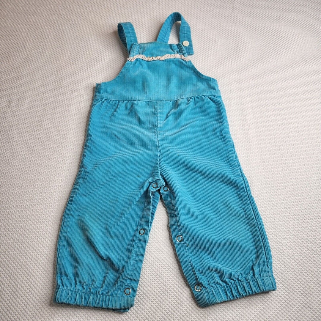 Vintage 70s Corduroy Overalls Teal Blue Ruffle Size 18 Mo Made in the ...