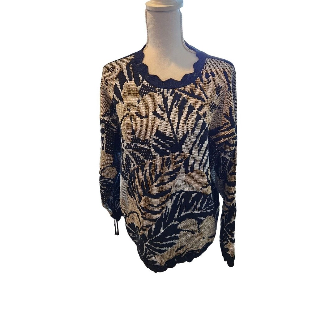 Vintage 80s Arielle Botanical Long Sleeve Sweater Gold Black Pullover - Etsy