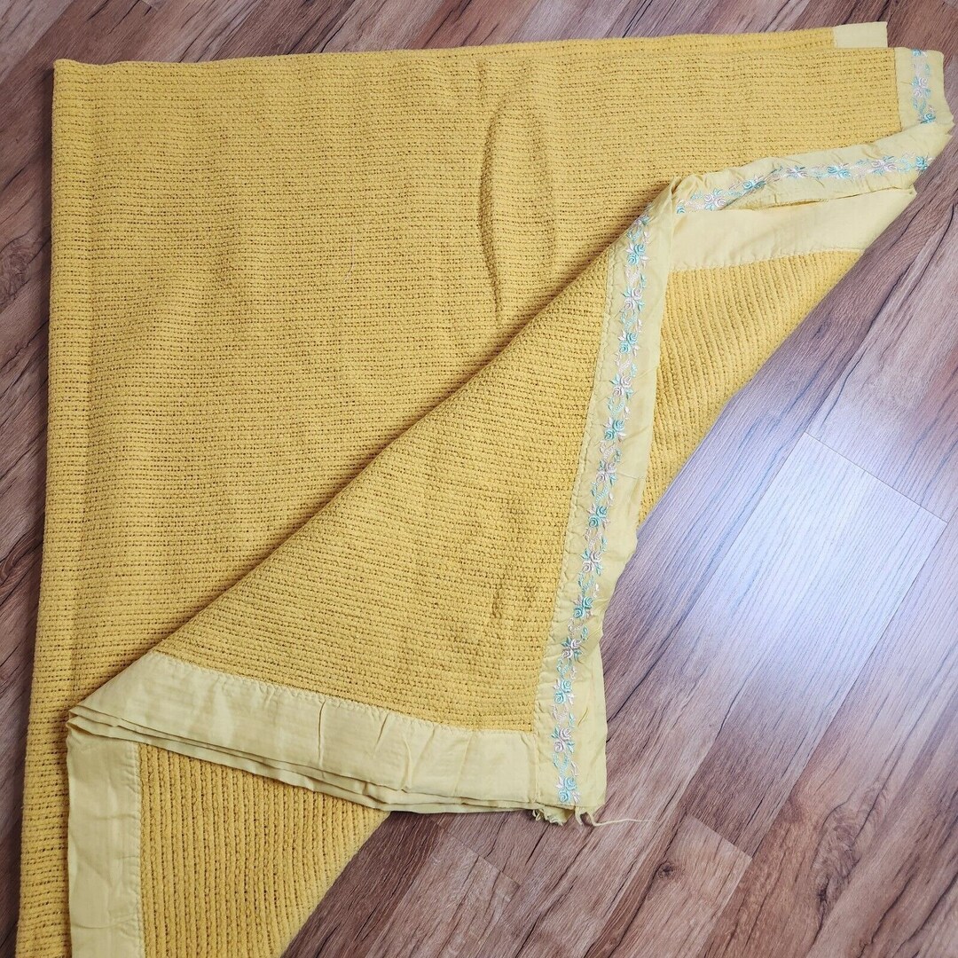 Vintage 70s Waffle Weave Blanket Satin Queen Embroidered Twin Mustard ...