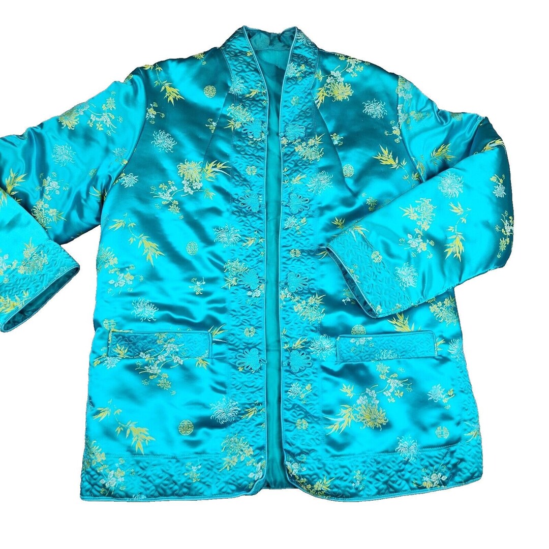 Vintage Chinese Quilted Jacket Womens Size M Teal Blue Frog Button ...