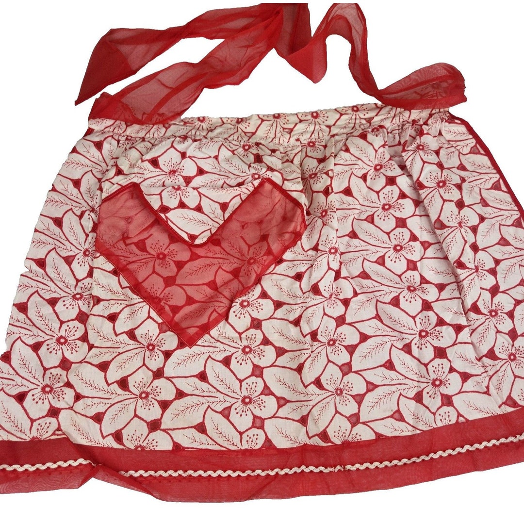 Vintage 40s 50s Half Apron Red White Chiffon Pinup Trad Wife Housewife ...