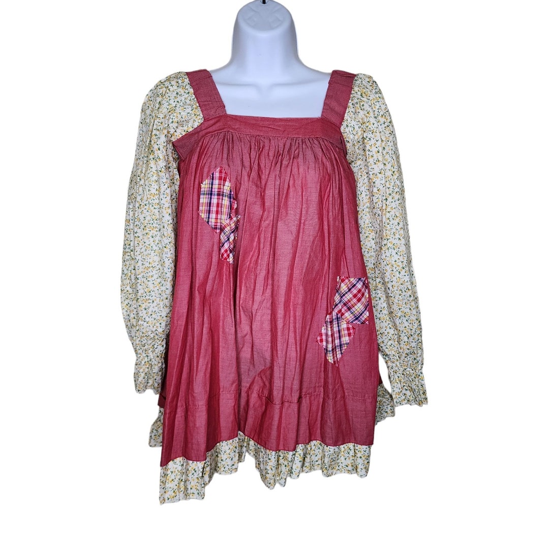 Vintage 70s Peasant Blouse Womens Size M Red Ivory Smock Front Patches ...