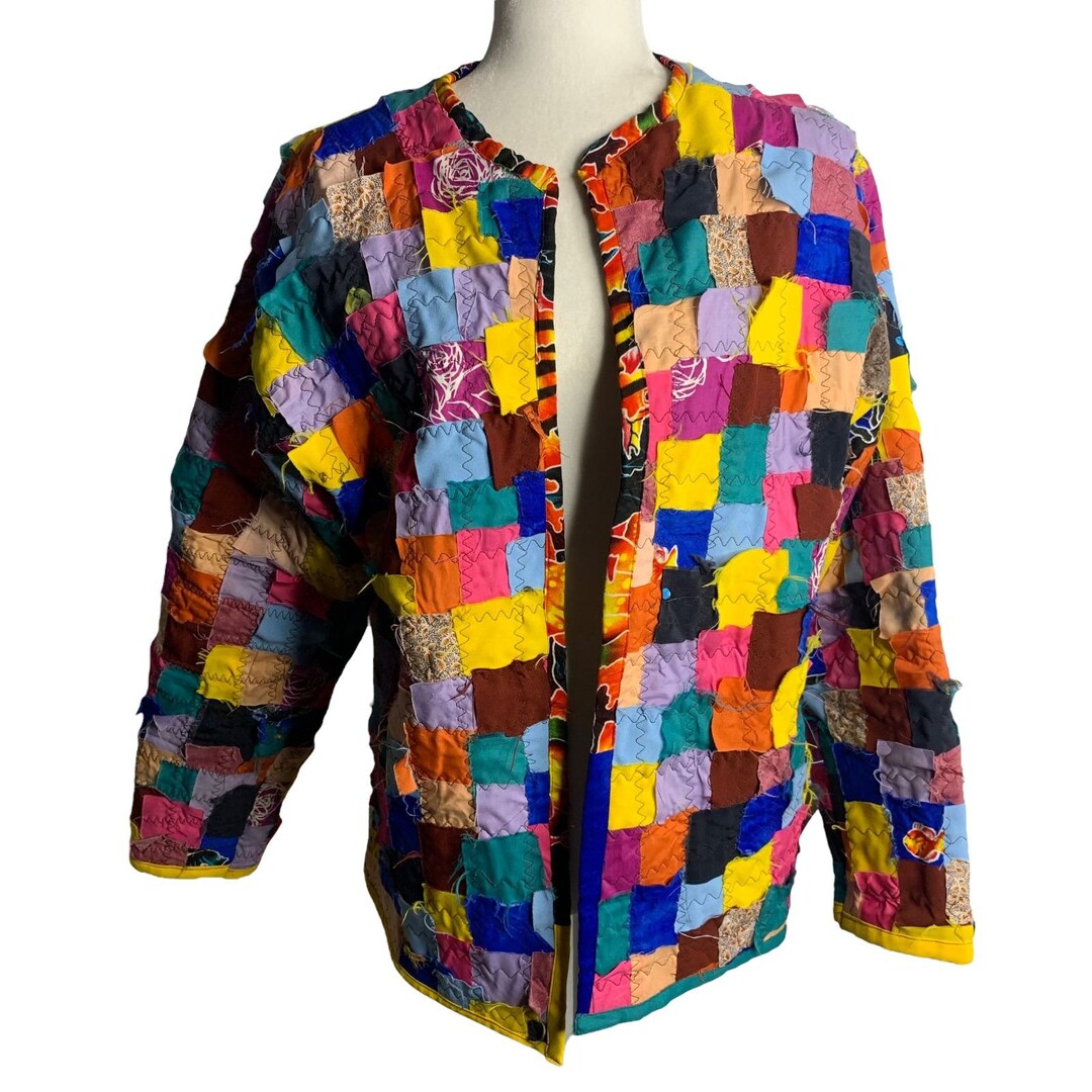 Vintage Quilted Granny Patchwork Jacket M Multicolored Fleece Open ...