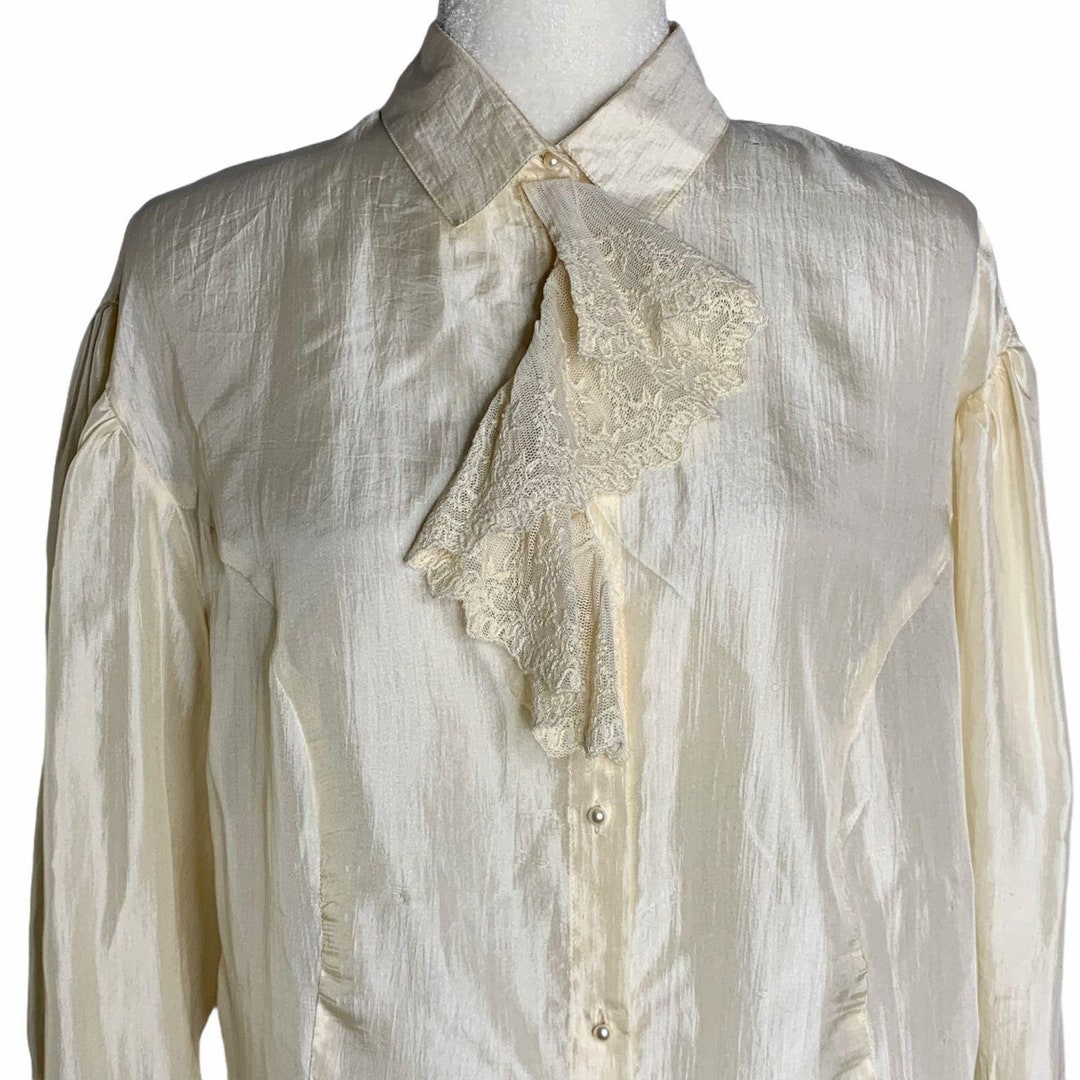 Vintage Shelli Segal Secretary Blouse S Beige Silk Pearl Buttons Lace ...
