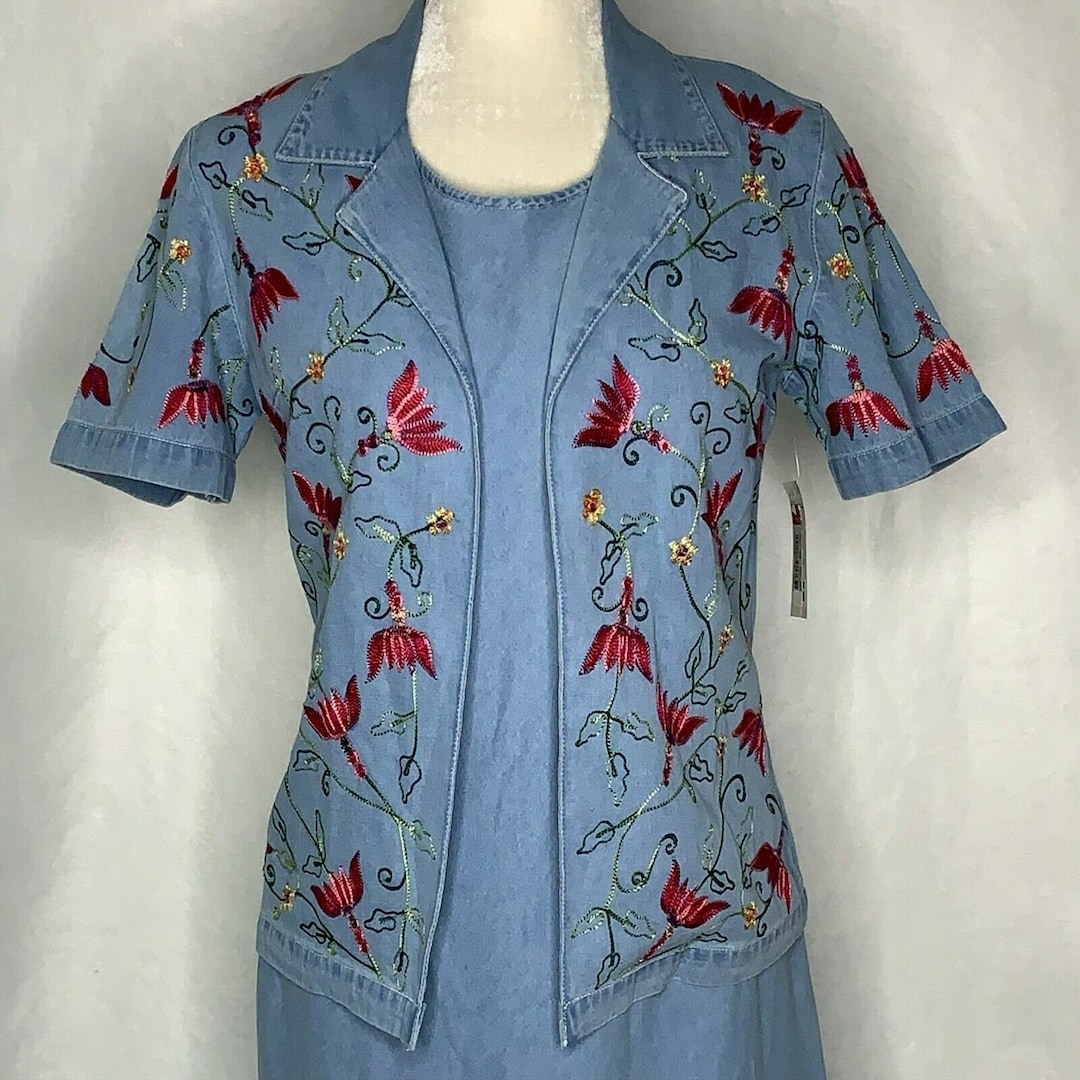 Vintage Sarah Elizabeth Dress Jacket Set 6P Denim Chambray Floral ...