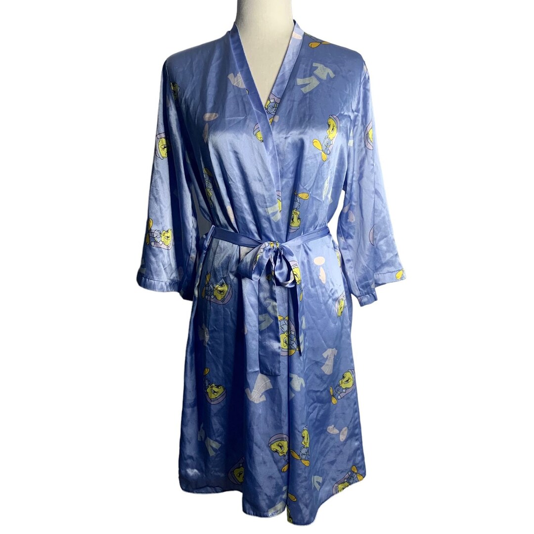 Vintage 90s Looney Tunes Tweet Bird Robe S Blue Silky Satin Tie Belt - Etsy