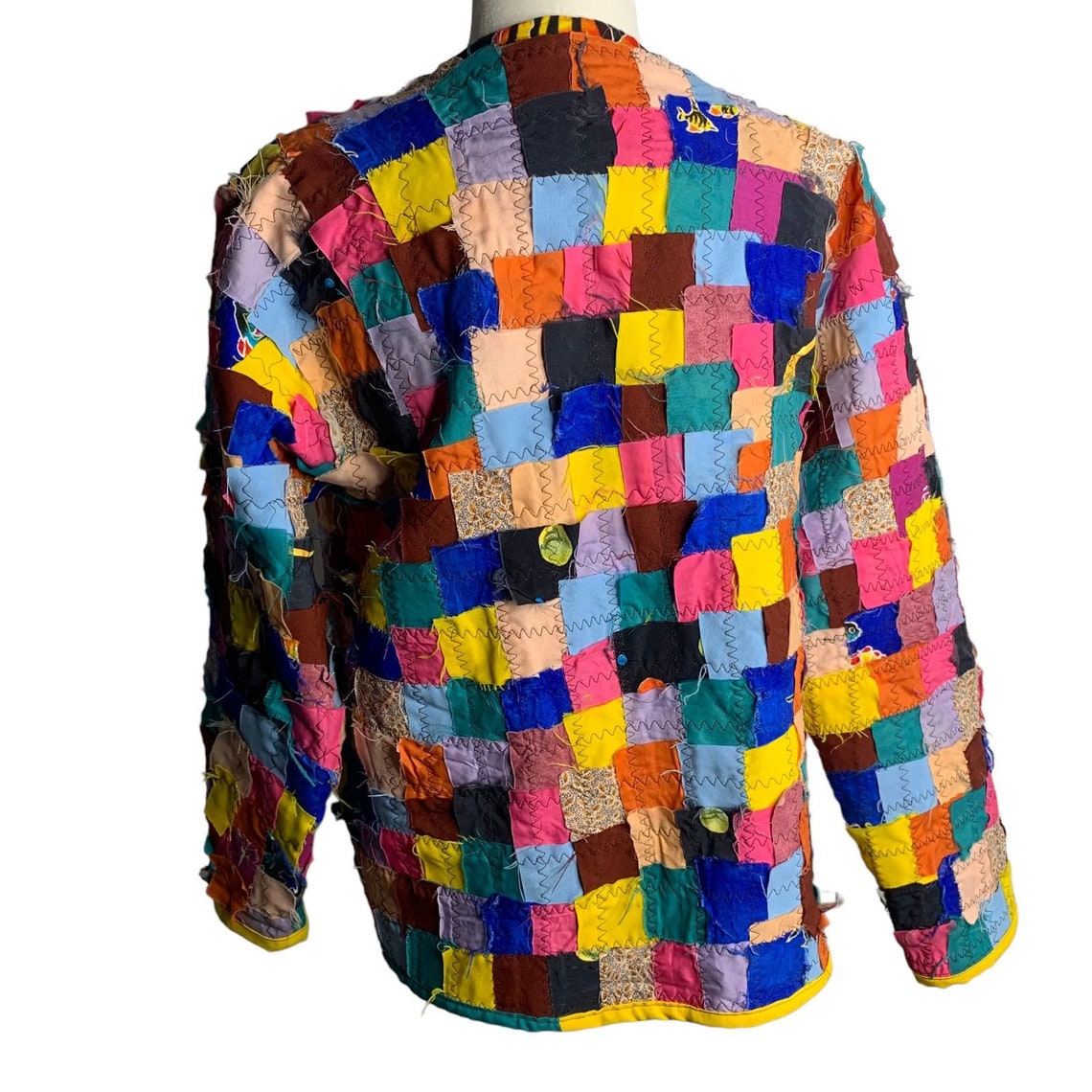 Vintage Quilted Granny Patchwork Jacket M Multicolored Fleece Open ...