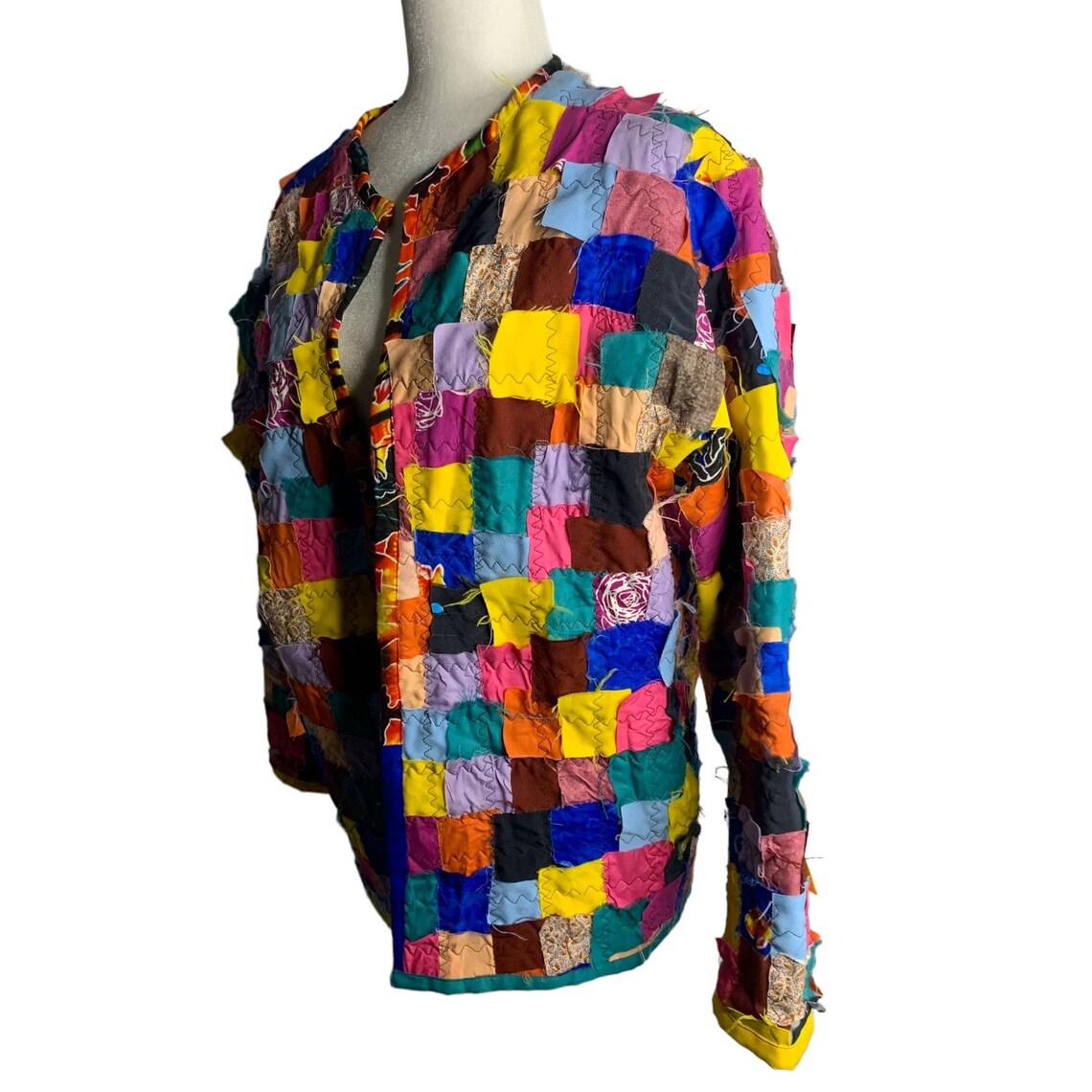 Vintage Quilted Granny Patchwork Jacket M Multicolored Fleece Open ...