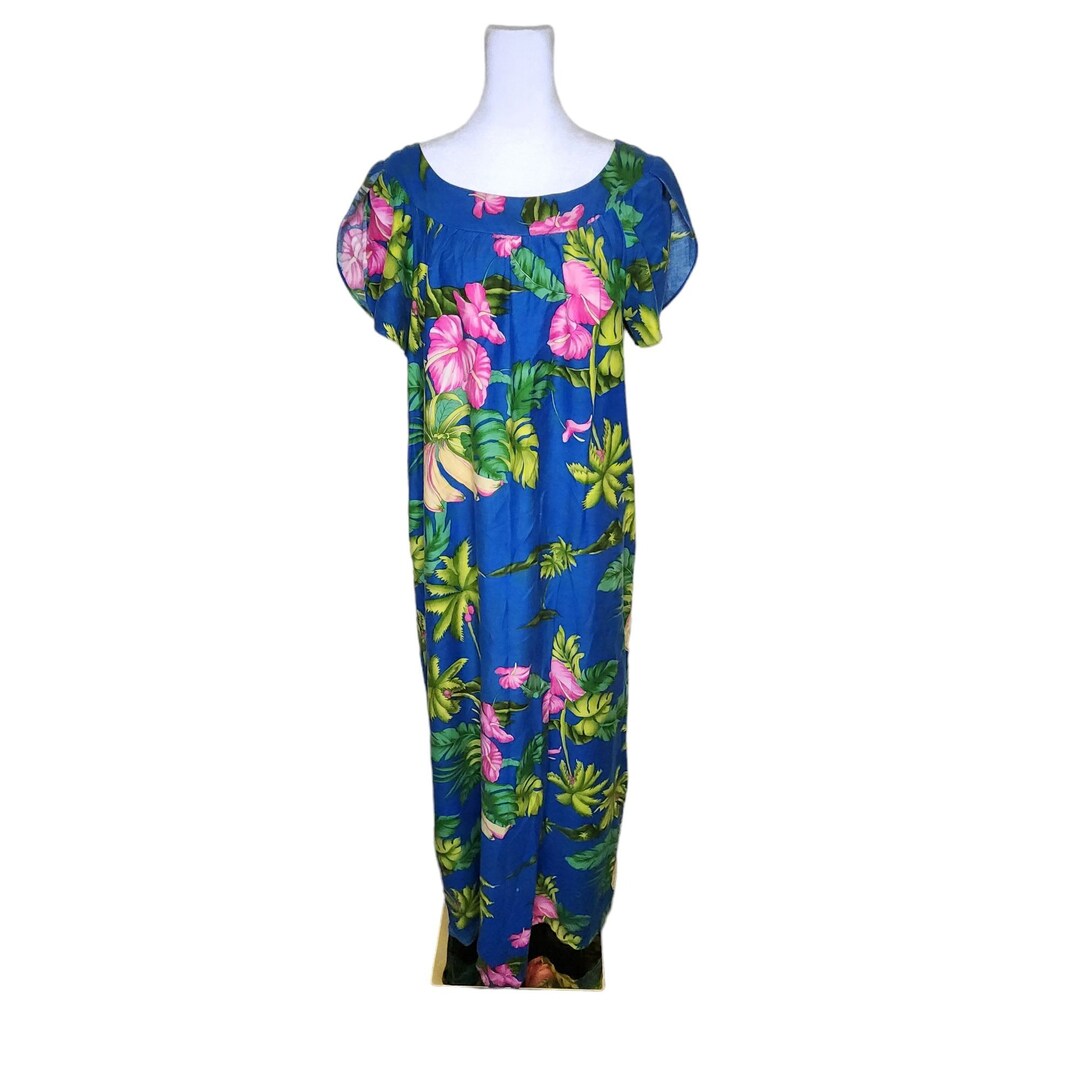 Vintage 80s Hilo Hattie Hawaiian Mumu Dress Womens Size L Blue Plumeria