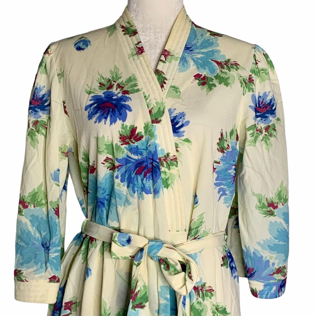 Vintage Sears Dressing Bath Robe S Cream Floral Full Length Tie Belt 3/ ...