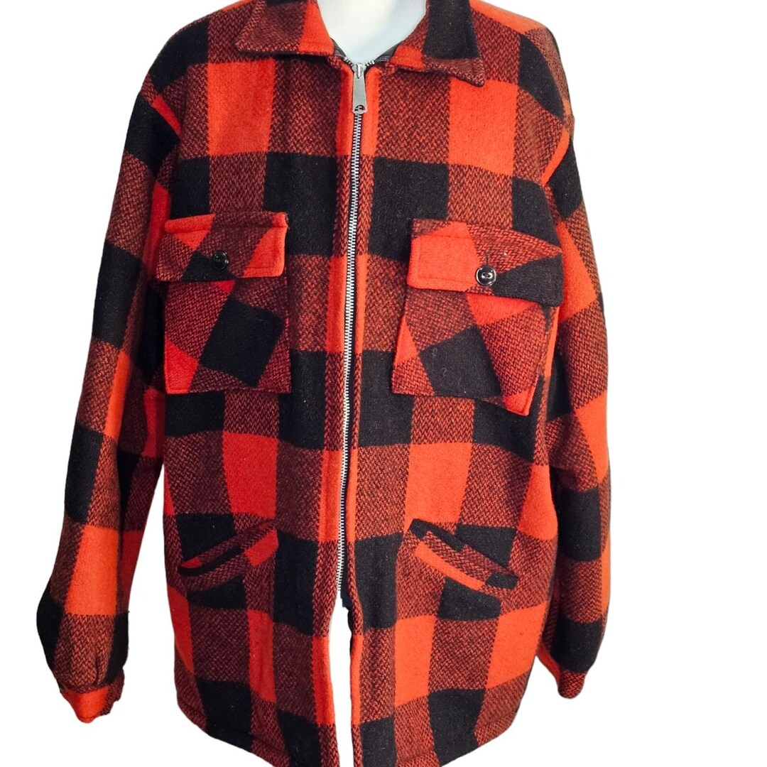 Vintage 70s Montgomery Ward Jacket Mens Size XL Red Buffalo Plaid Wool ...