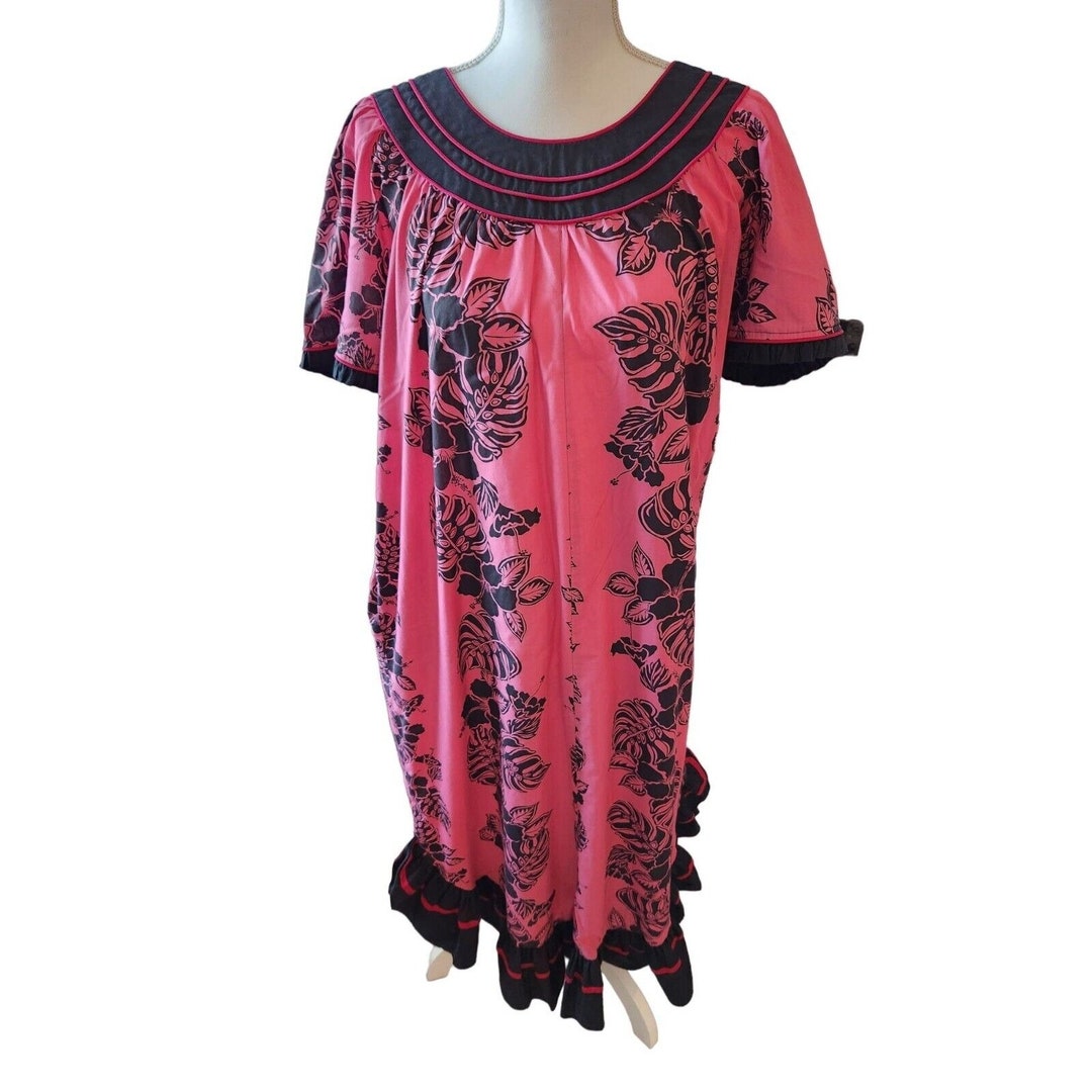 Vintage 80s Hawaiian Pink Black Muumuu Dress L Kaftan - Etsy