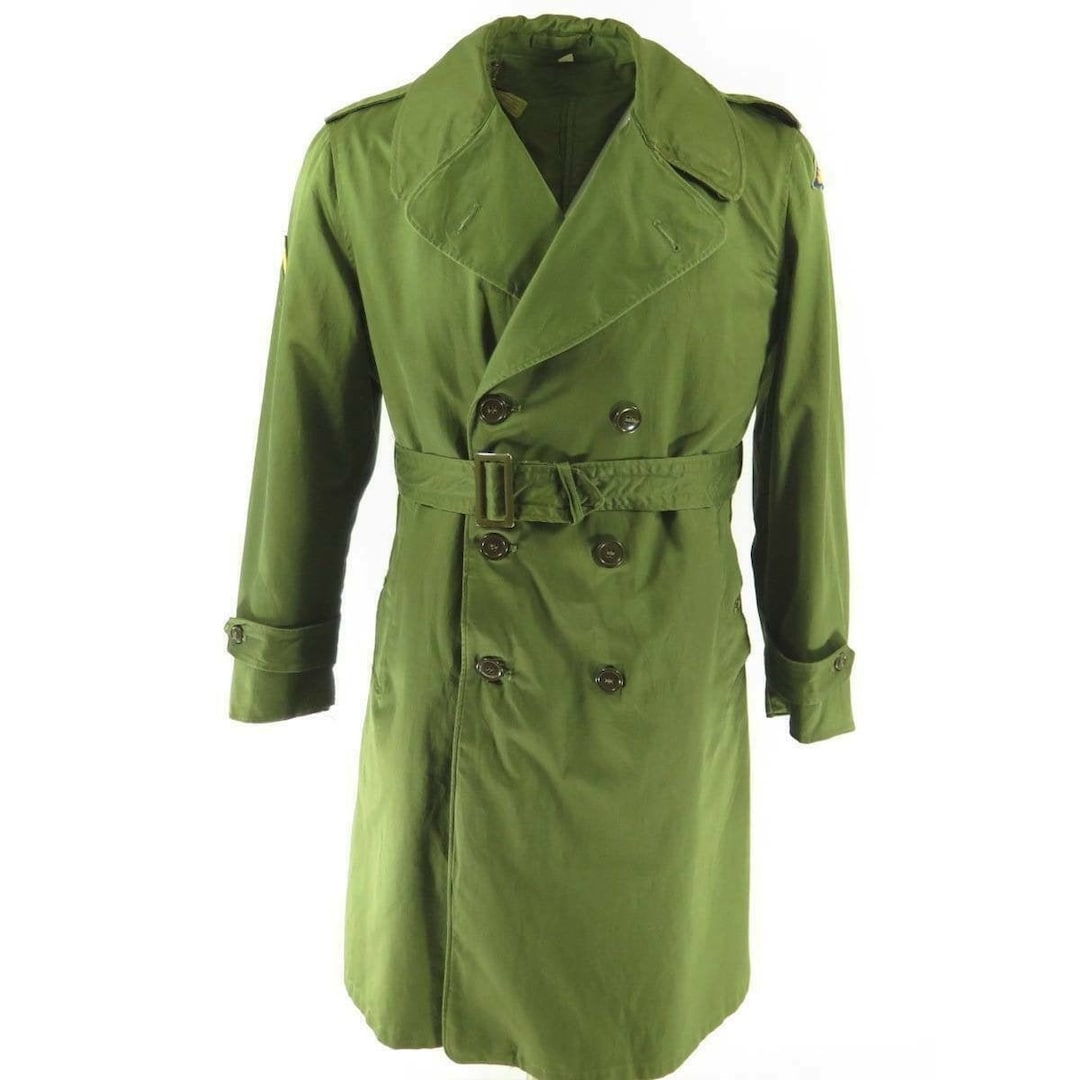 Vintage 50s US Army OG-107 Overcoat M Green Military Wool Lined Belted ...