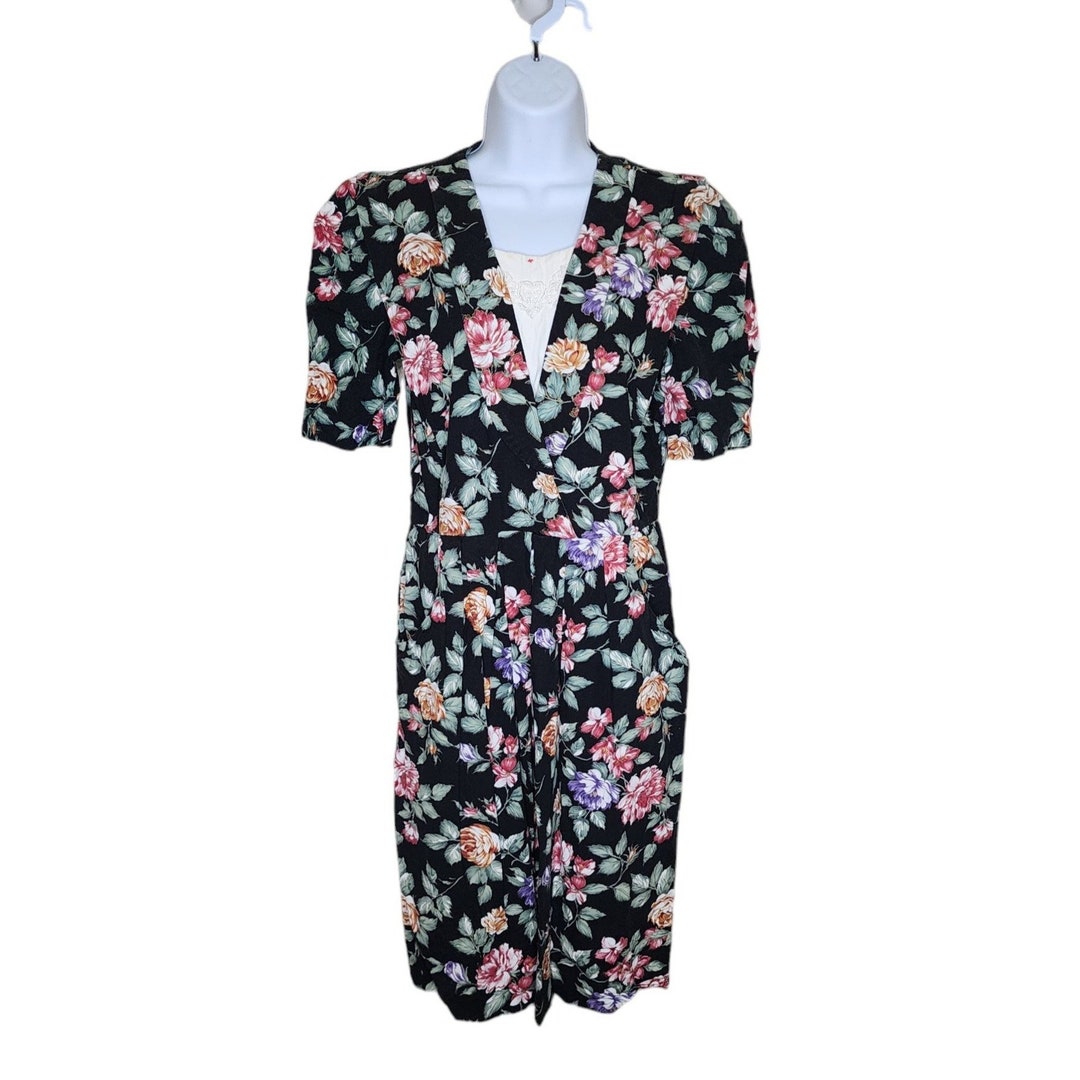 Vintage 80s Modest Shirt Dress Womens Size S Black Floral Church ...