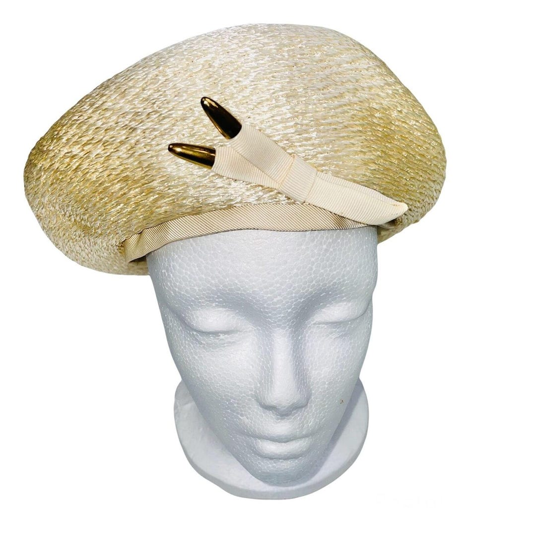 Vintage Favorette Womens Beret Hat Beige Straw Church Dress up Theatre ...