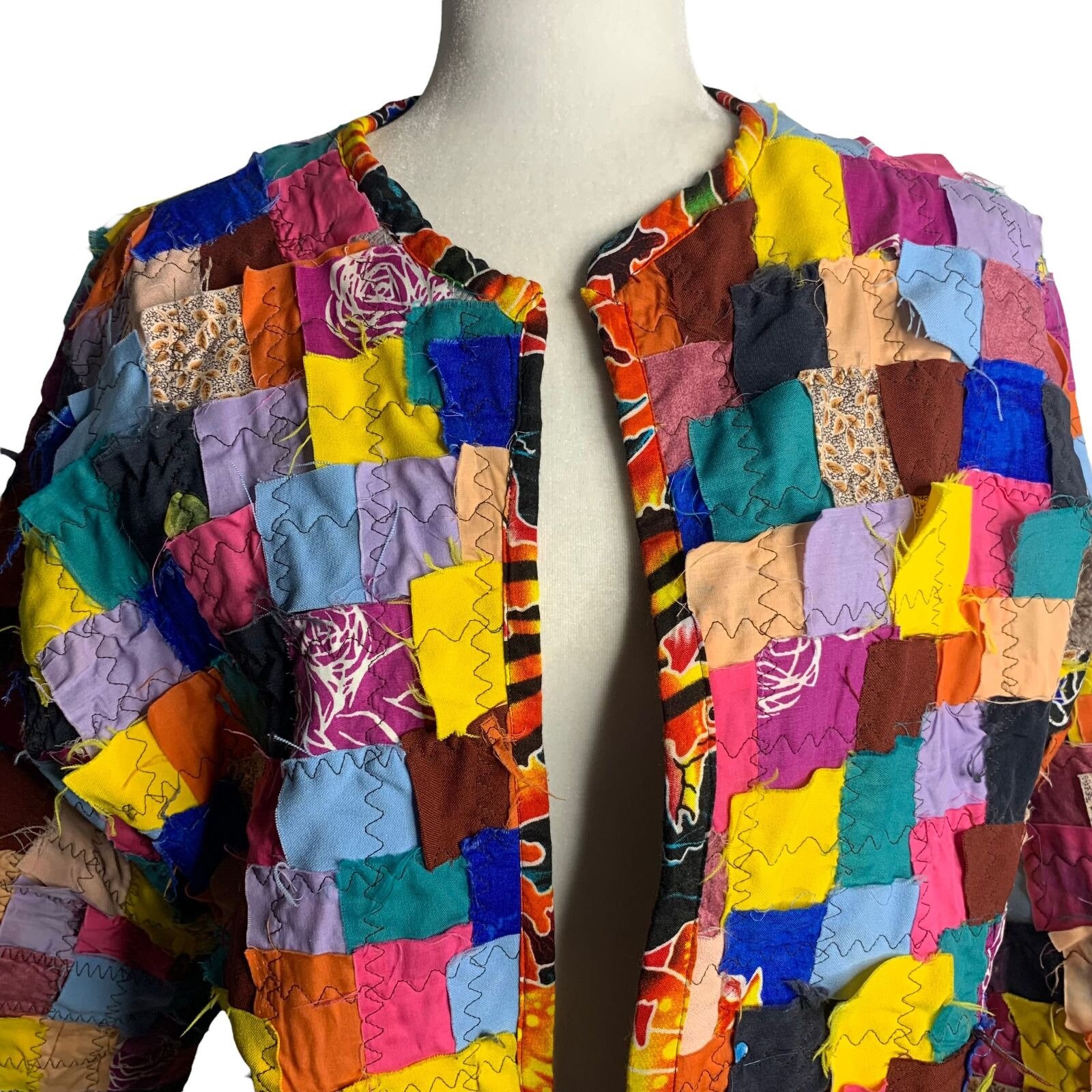 Vintage Quilted Granny Patchwork Jacket M Multicolored Fleece Open ...