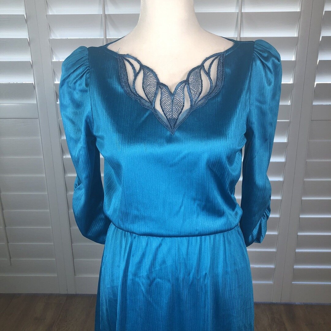 Vtg 70s Handmade Turquoise Satin Slim Dress S 3/4 Sleeve Blouson ...