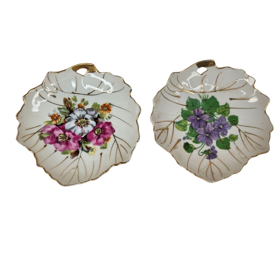 Vintage Napco Leaf Porcelain Trinket Dishes Floral Hand-painted Gold ...
