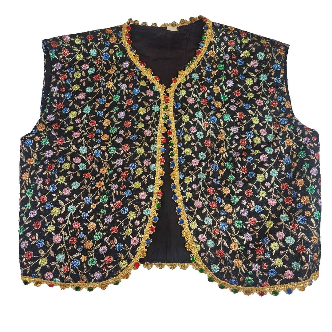 Vintage 60s Metallic Vest Kuchi Banjara Waistcoat Womens M Black ...