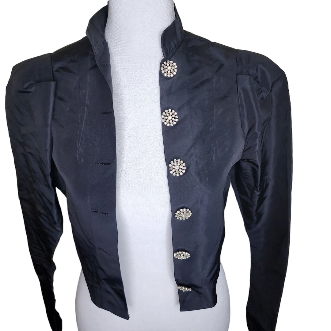 Vintage 50s Bolero Shrug Jacket Rhinestone Buttons Womens Size S Black ...